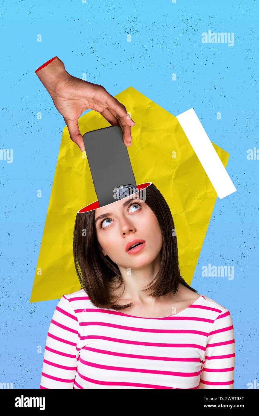 Artwork magazine collage picture of arm putting phone lady open head ...