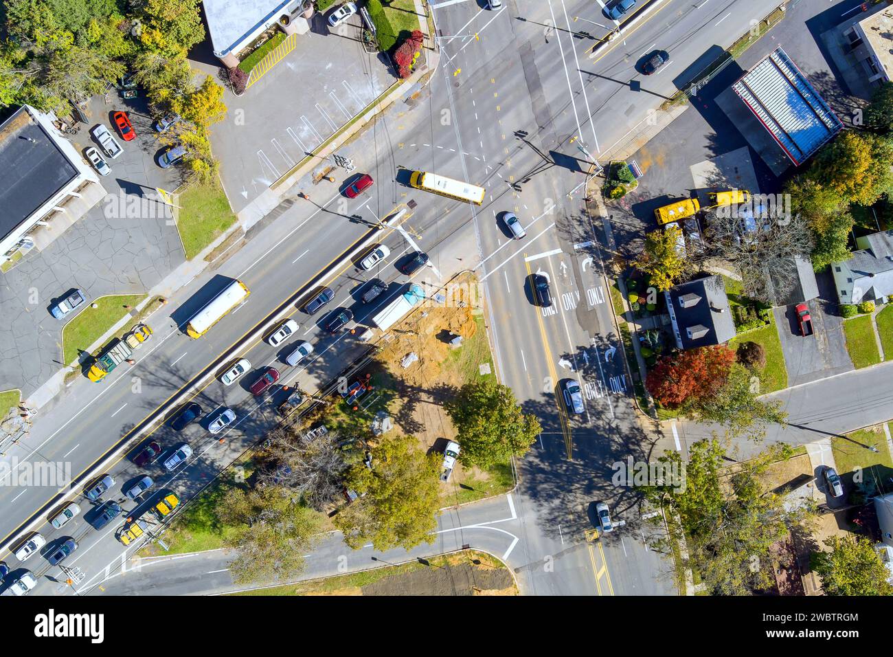 New Jersey, USA, aerial view an active traffic on highway with cars ...