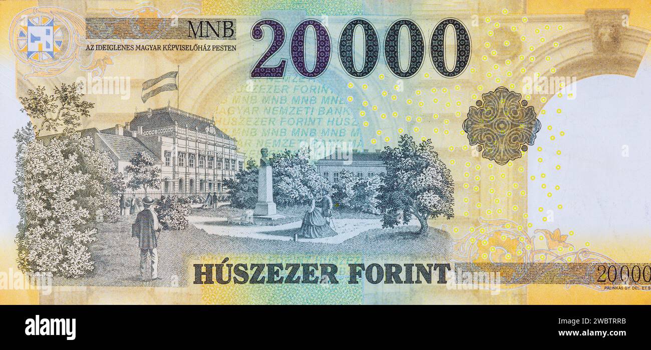 National currency cash Hungarian banknote shows back view 20,000 forint ...