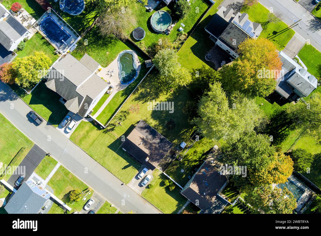 Rooftop views of private homes in small American town community located ...