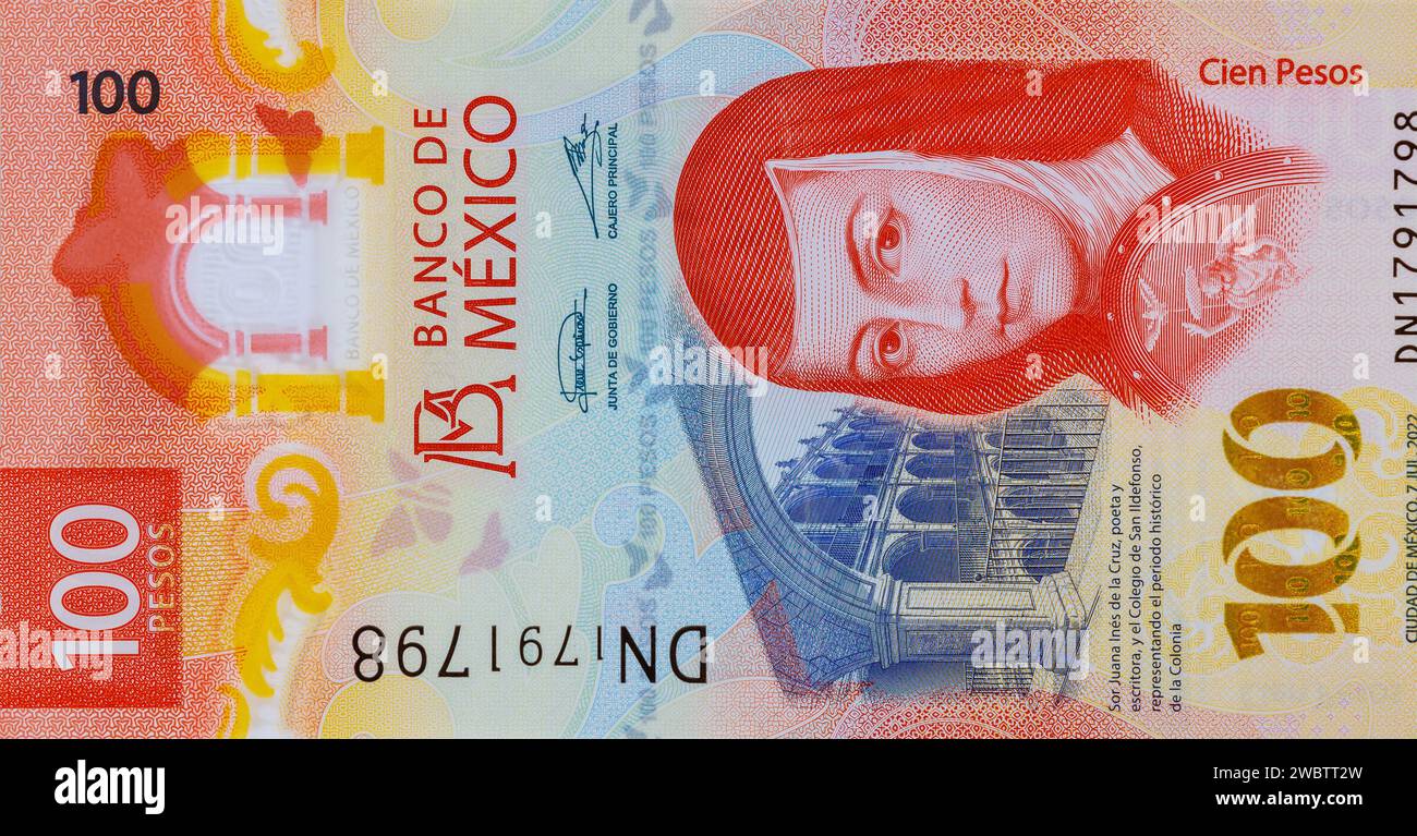 New Mexican money bills currency Mexico 100 pesos banknote close up ...