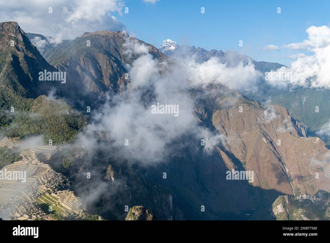 A cloudy and misty view of the Machu Picchu citadel ruins from Huayna ...