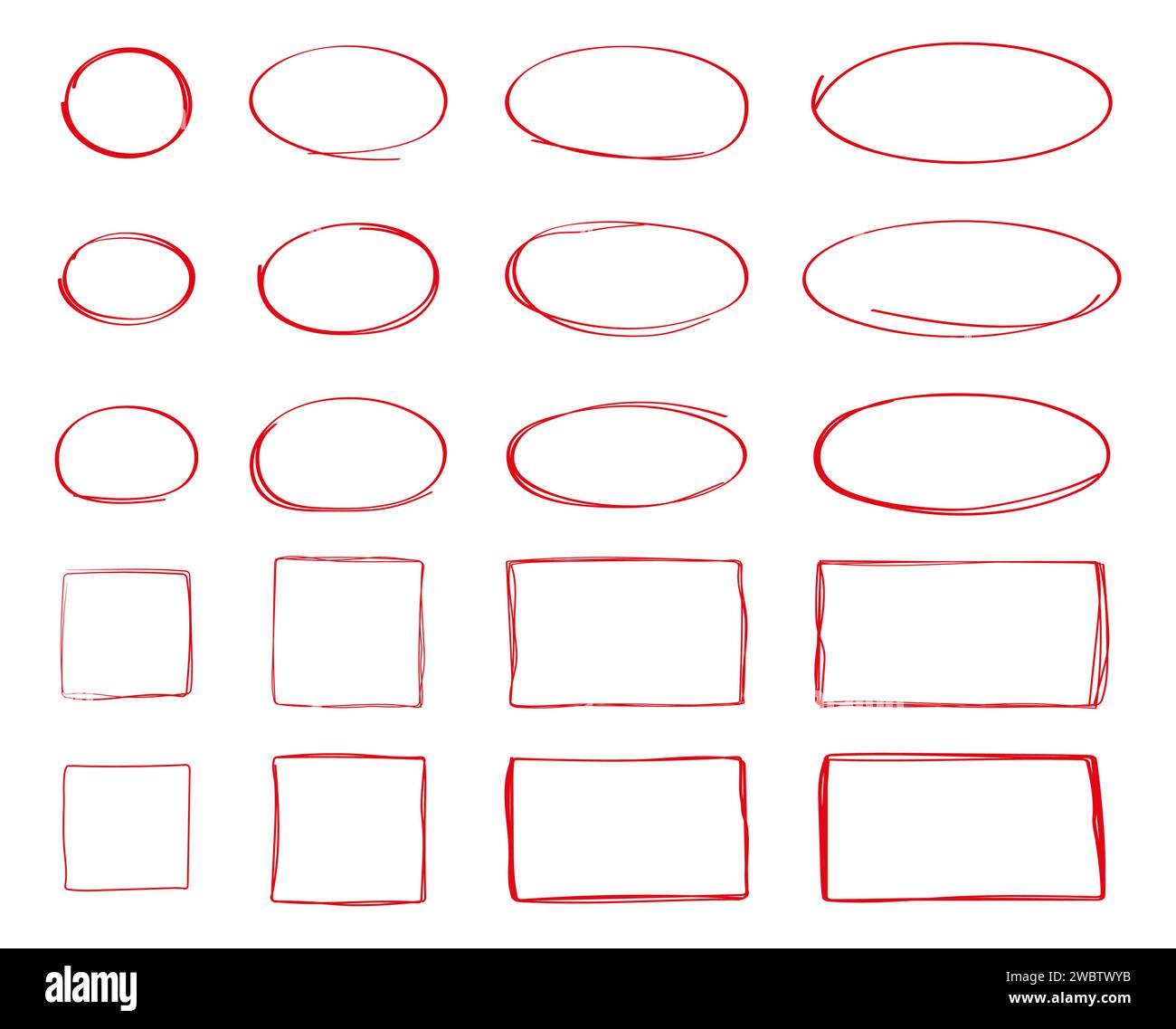 Squares, oval, circle line, grunge vector set in sketch style. Red ...