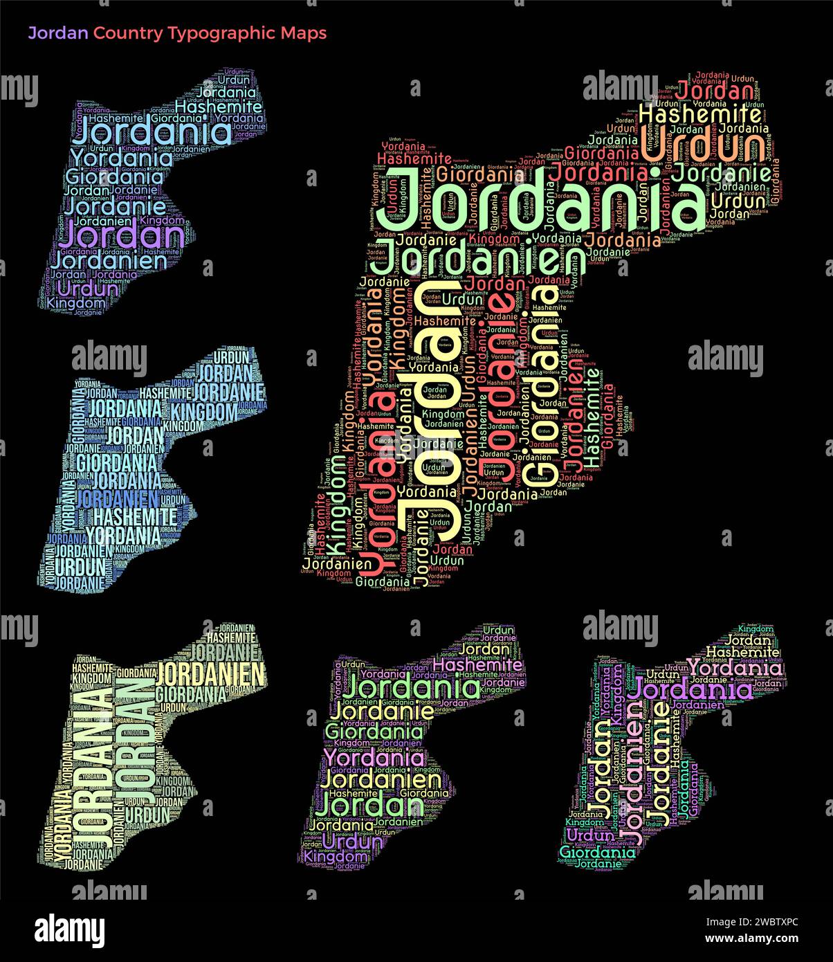 Jordan. Set of typography style country illustrations. Jordan map shape build of horizontal and ...
