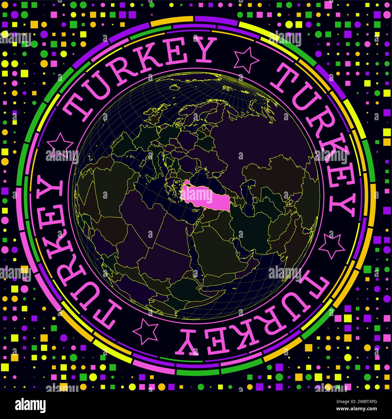 Futuristic Turkey on globe. Bright neon satellite view of the world centered to Turkey Stock ...