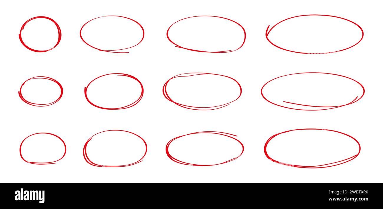 Oval, circle line, grunge vector set in sketch style. Red frames ...
