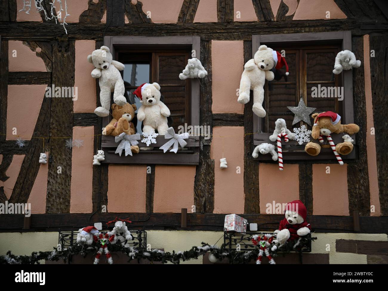 Scenic facade view with festive Christmas decorations of "Auberge du ...