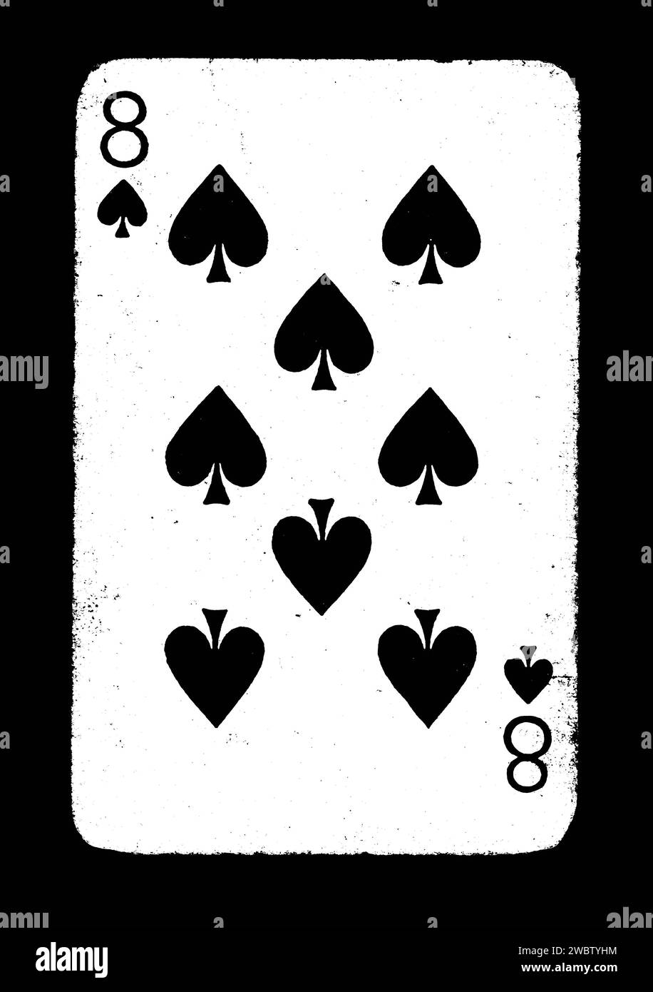 A vintage eight of spades playing card isolated on a black background ...