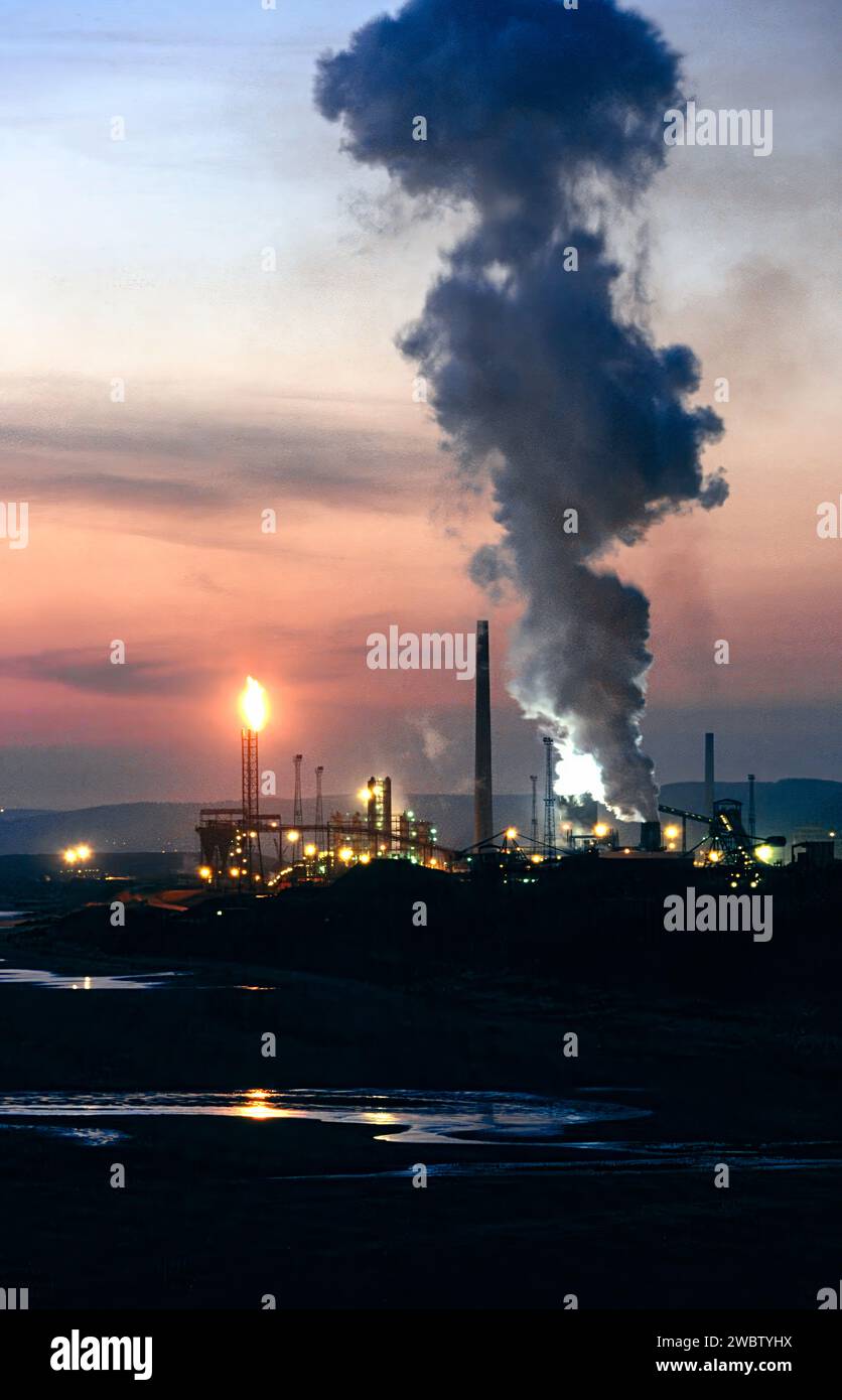 Port Talbot Steel Works Swansea Wales steam smoke and fire at night ...