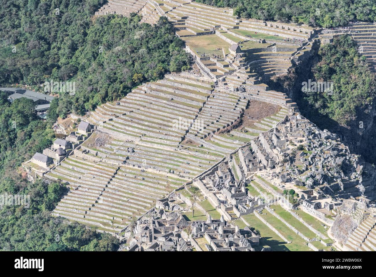 A close up view of Machu Picchu from the top of Huayna Picchu mountain ...