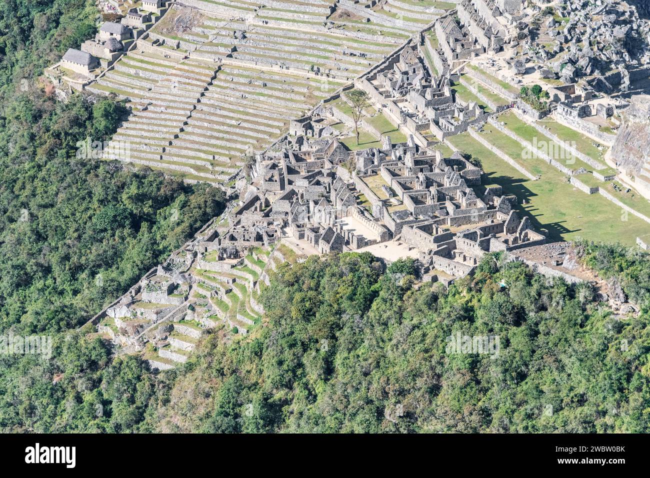 A close up view of Machu Picchu from the top of Huayna Picchu mountain ...