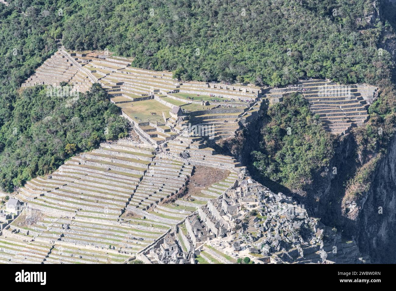 A close up view of Machu Picchu from the top of Huayna Picchu mountain ...