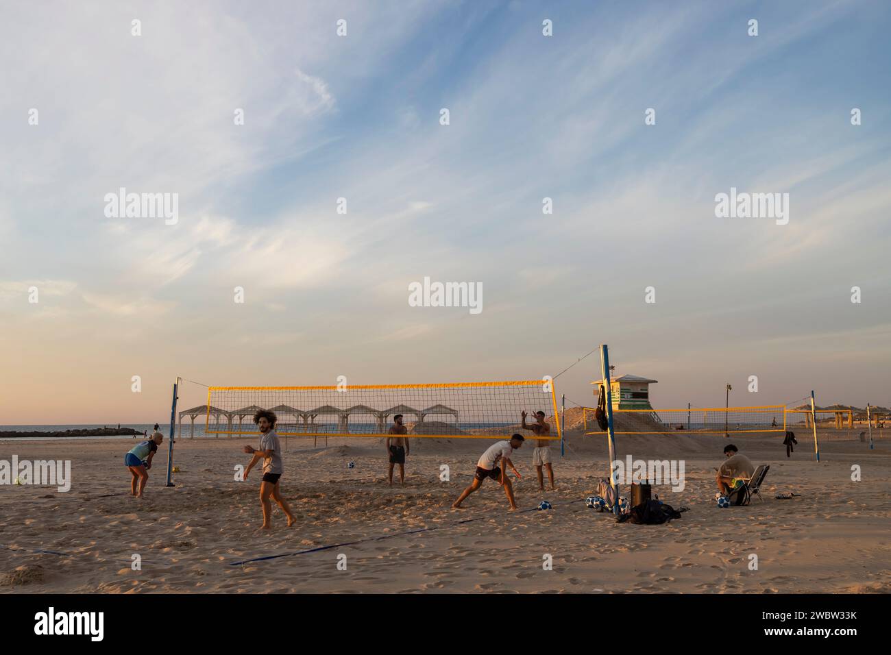 Haifa, Israel - January 10, 2024, Men play volleyball on Dado beach ...