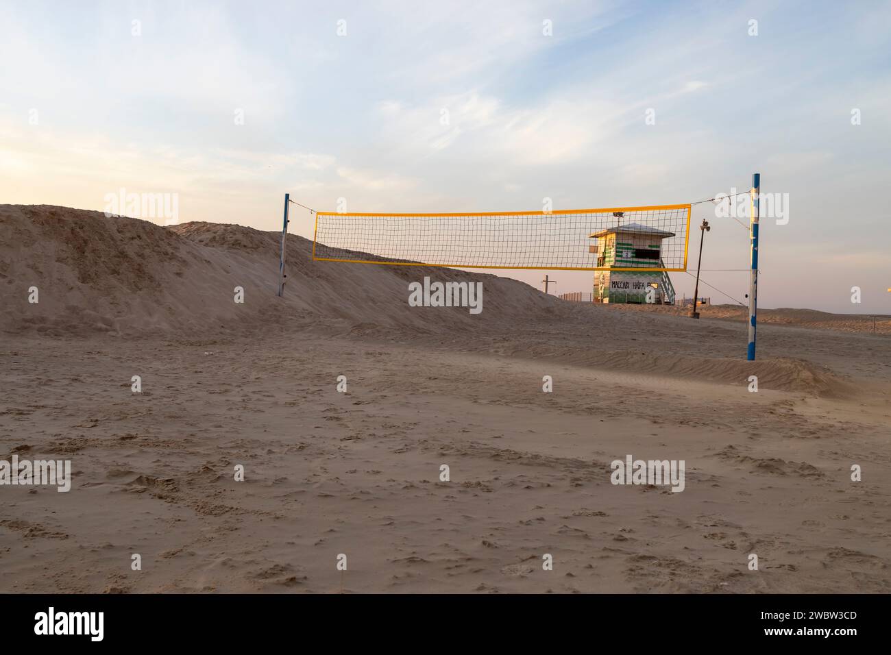 Haifa, Israel - January 10, 2024, Volleyball net and lifeguard booth at ...