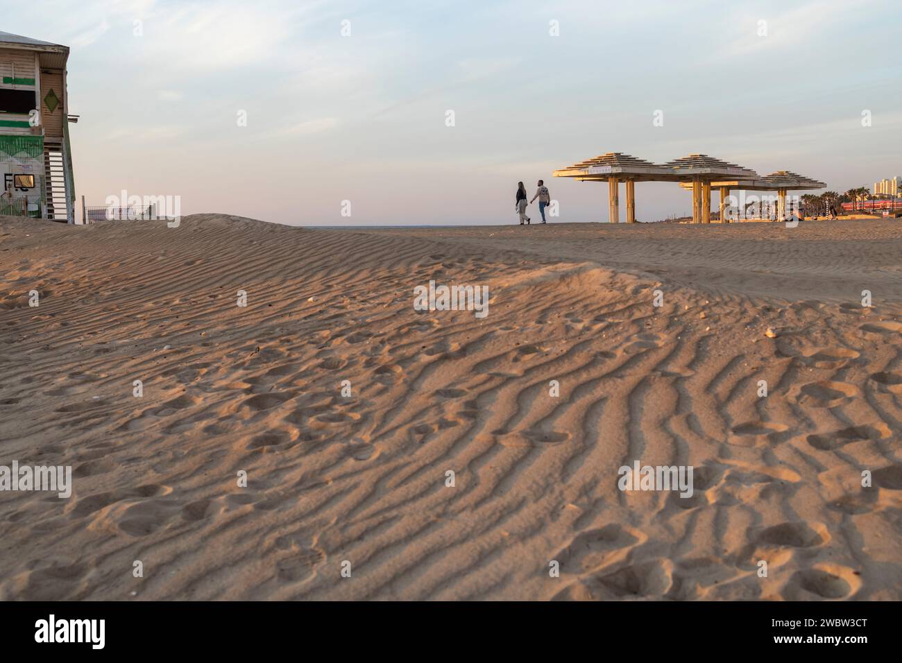 Haifa, Israel - January 10, 2024, Dado beach with lifeguard booth at ...
