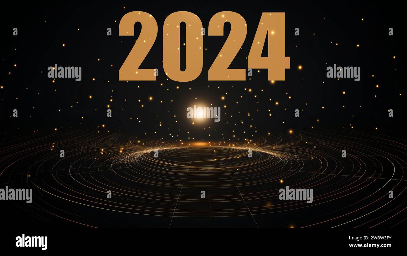 New Year 2024 on Abstract shiny gold wave design element with dot grid and glitter effect on ...