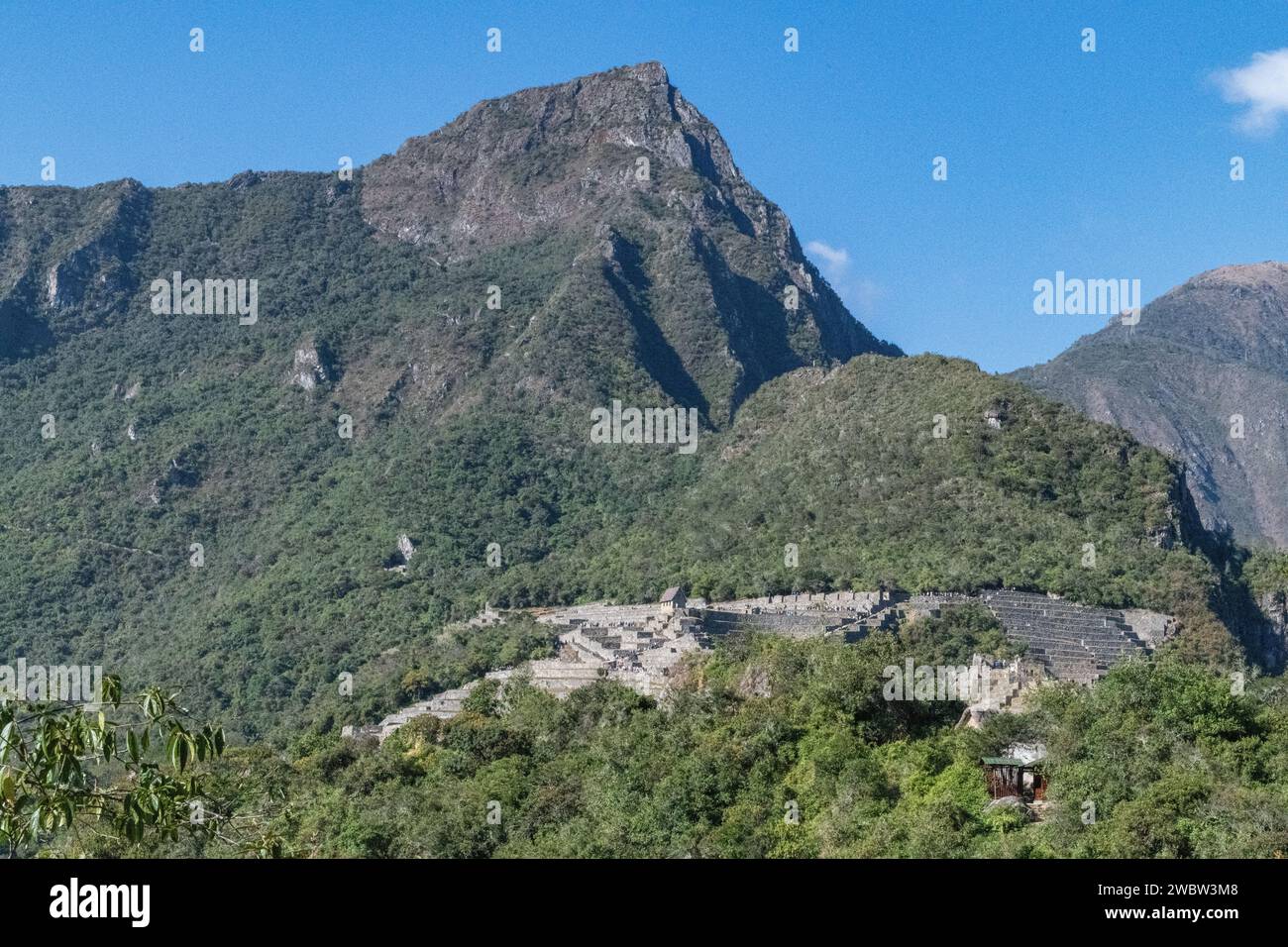 A view of Machu Picchu from the top of Huayna Picchu mountain peak on a ...