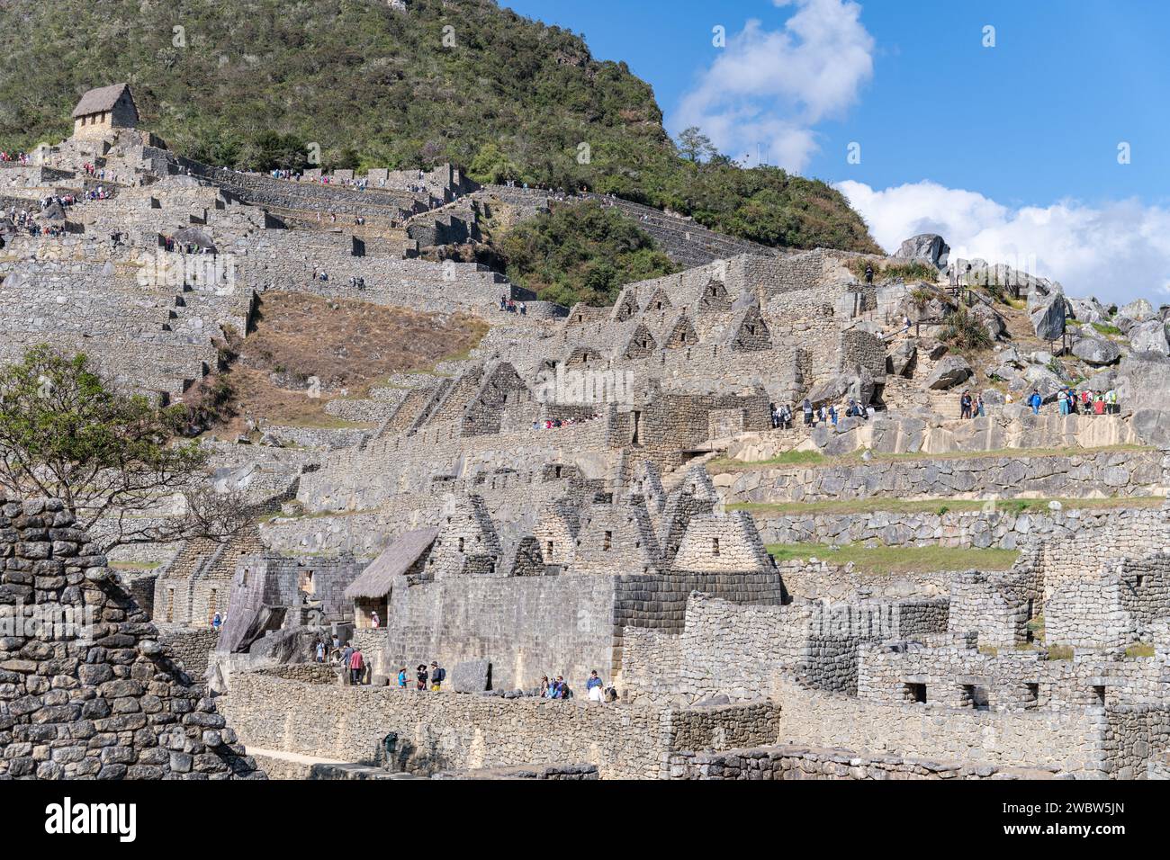 A view of the terraces and ruins of the Machu Picchu citadel in the ...
