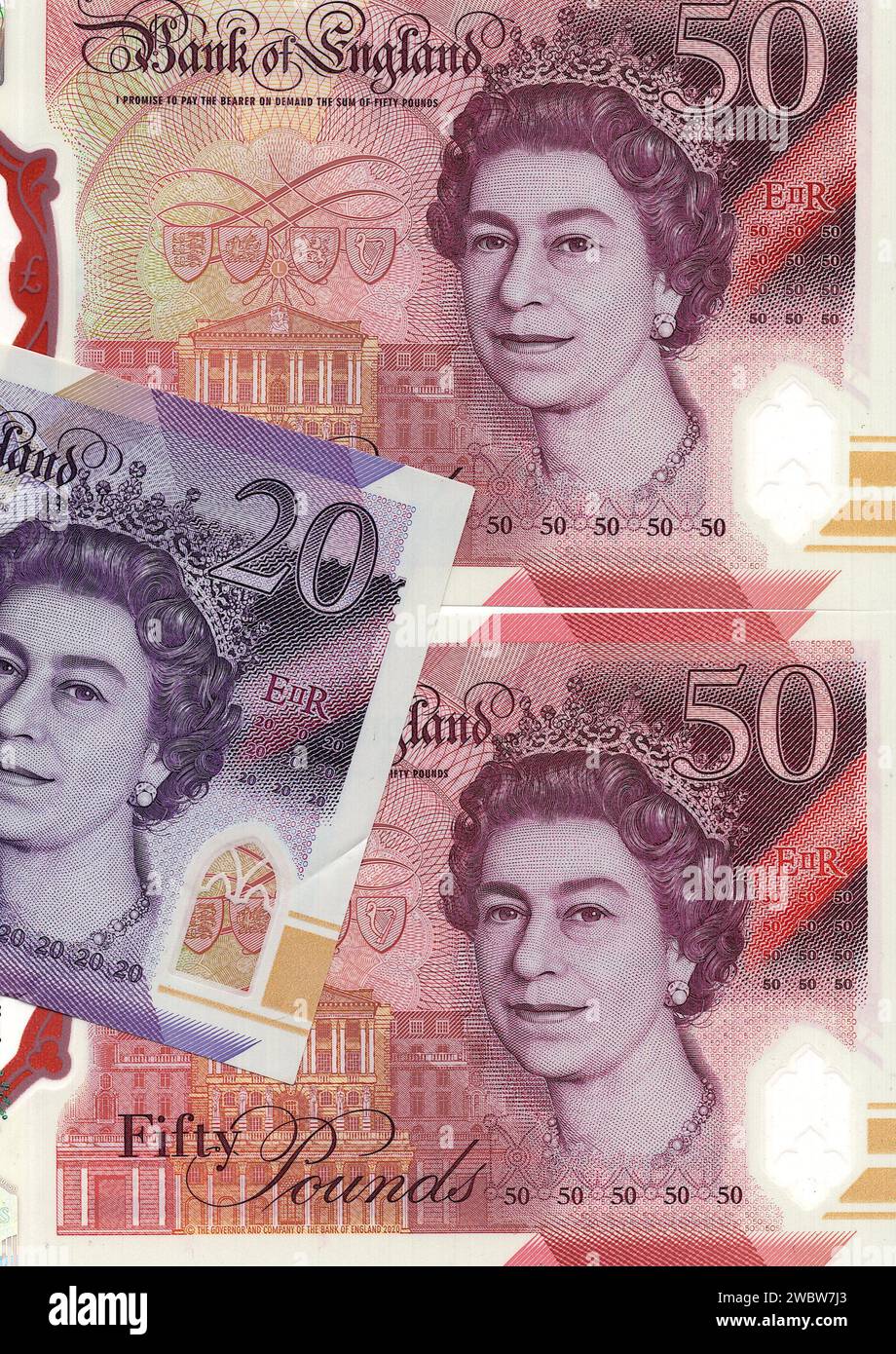 Fifty pound banknotes and a twenty pound banknote from the United ...