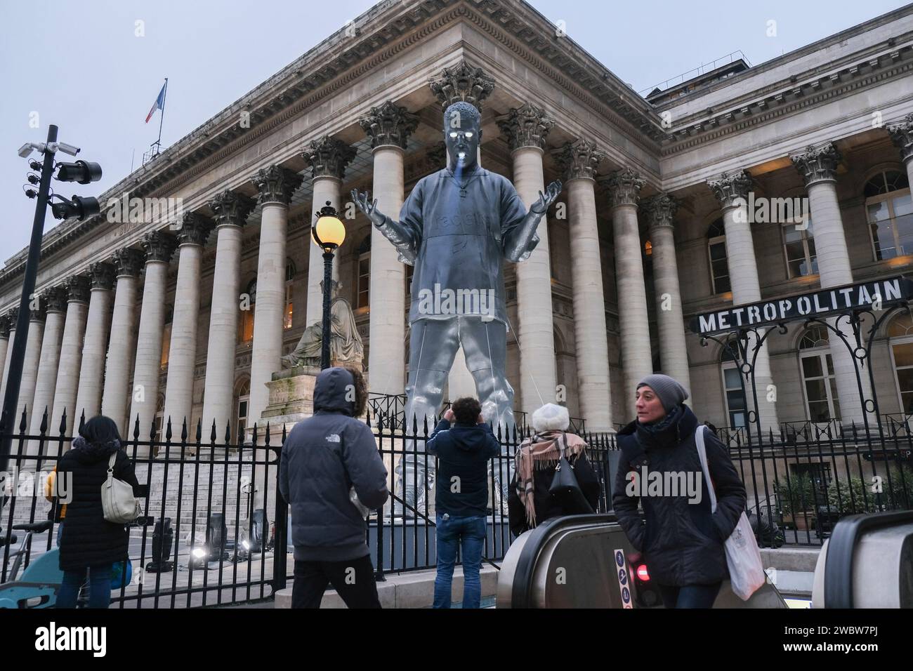 Paris, France. 12th Jan, 2024. A ten-meter-high ephemeral figure of Kid ...