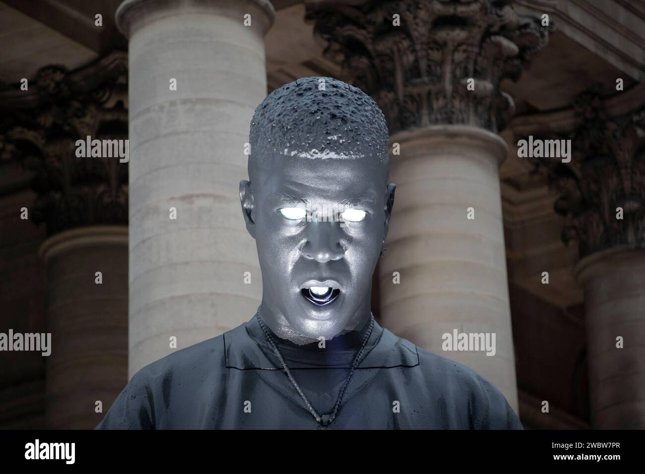 Paris, France. 12th Jan, 2024. A ten-meter-high ephemeral figure of Kid ...