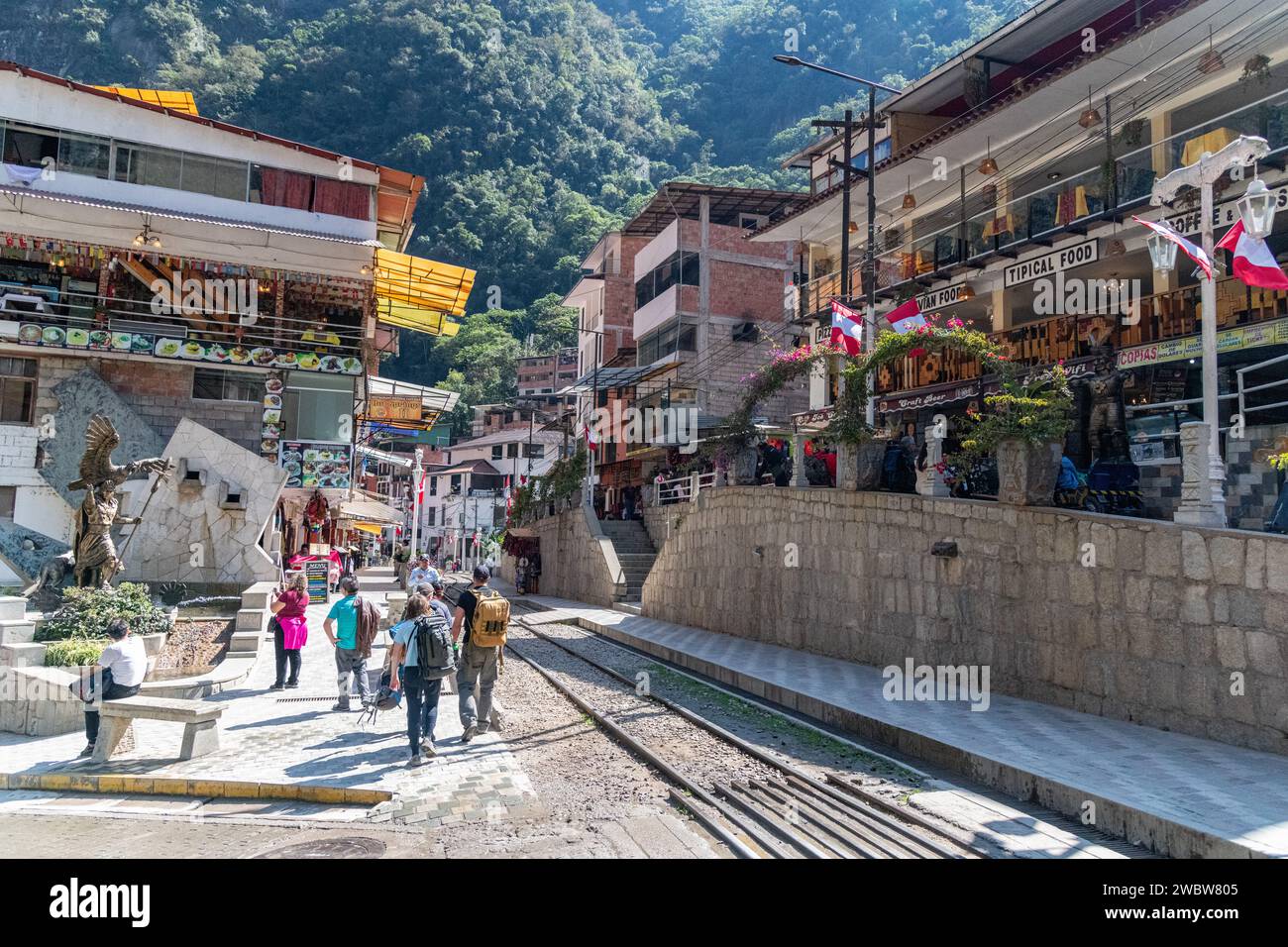 The railway track going through the town of Aguas Calientes near Machu ...