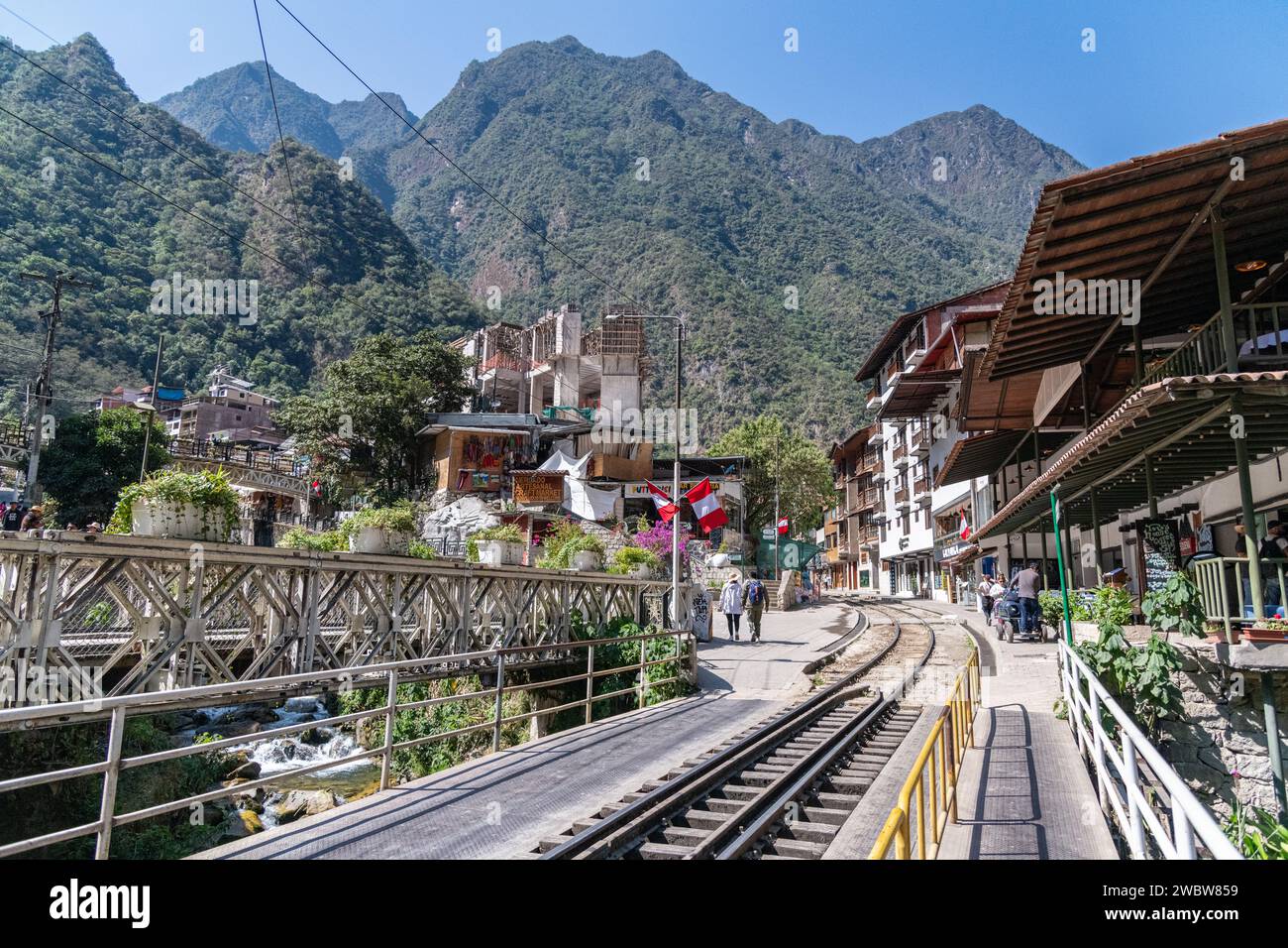 The railway track going through the town of Aguas Calientes near Machu ...