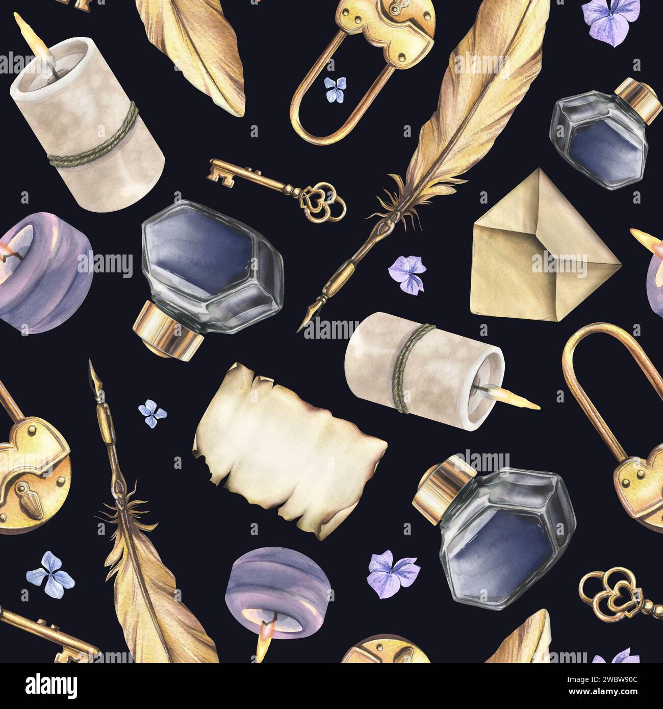 Writing supplies: papyrus paper, craft envelope, gold pen, ink in a ...