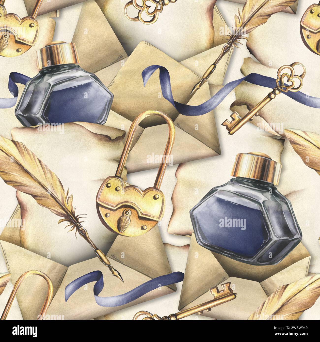 Writing supplies: papyrus paper, craft envelope, gold feather, ink in a ...