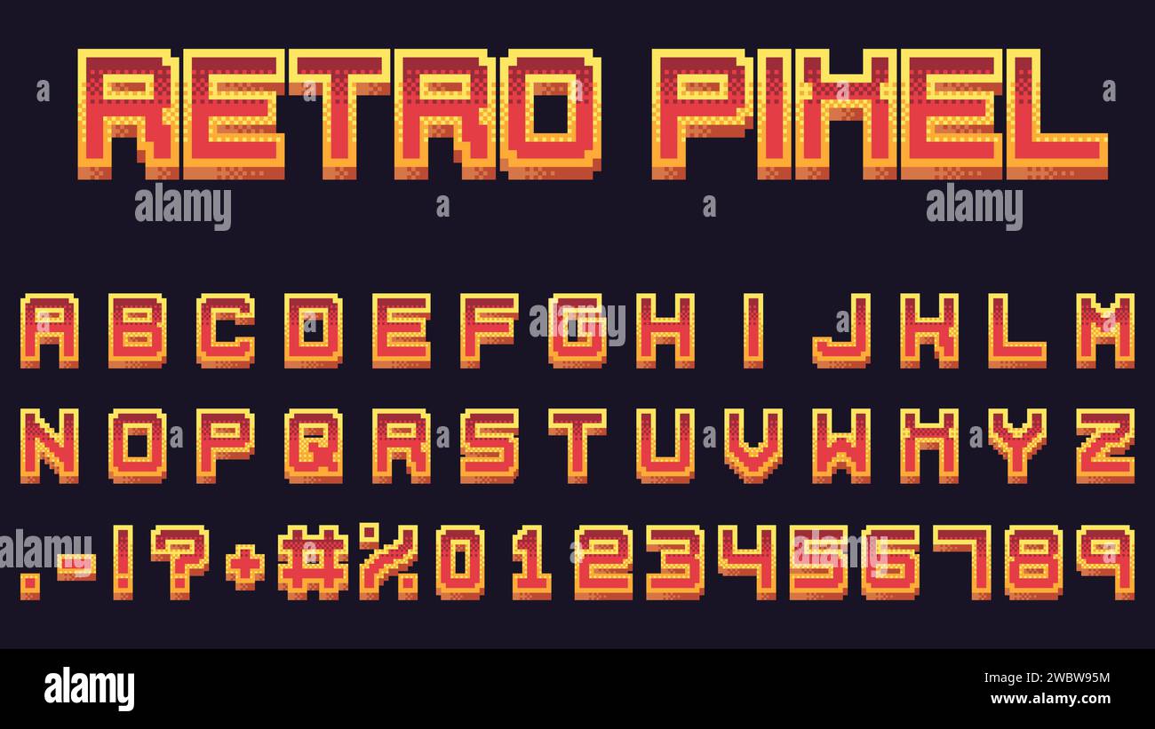 Retro pixel game font. Arcade game 16-bit 3D pixel letters and numbers ...