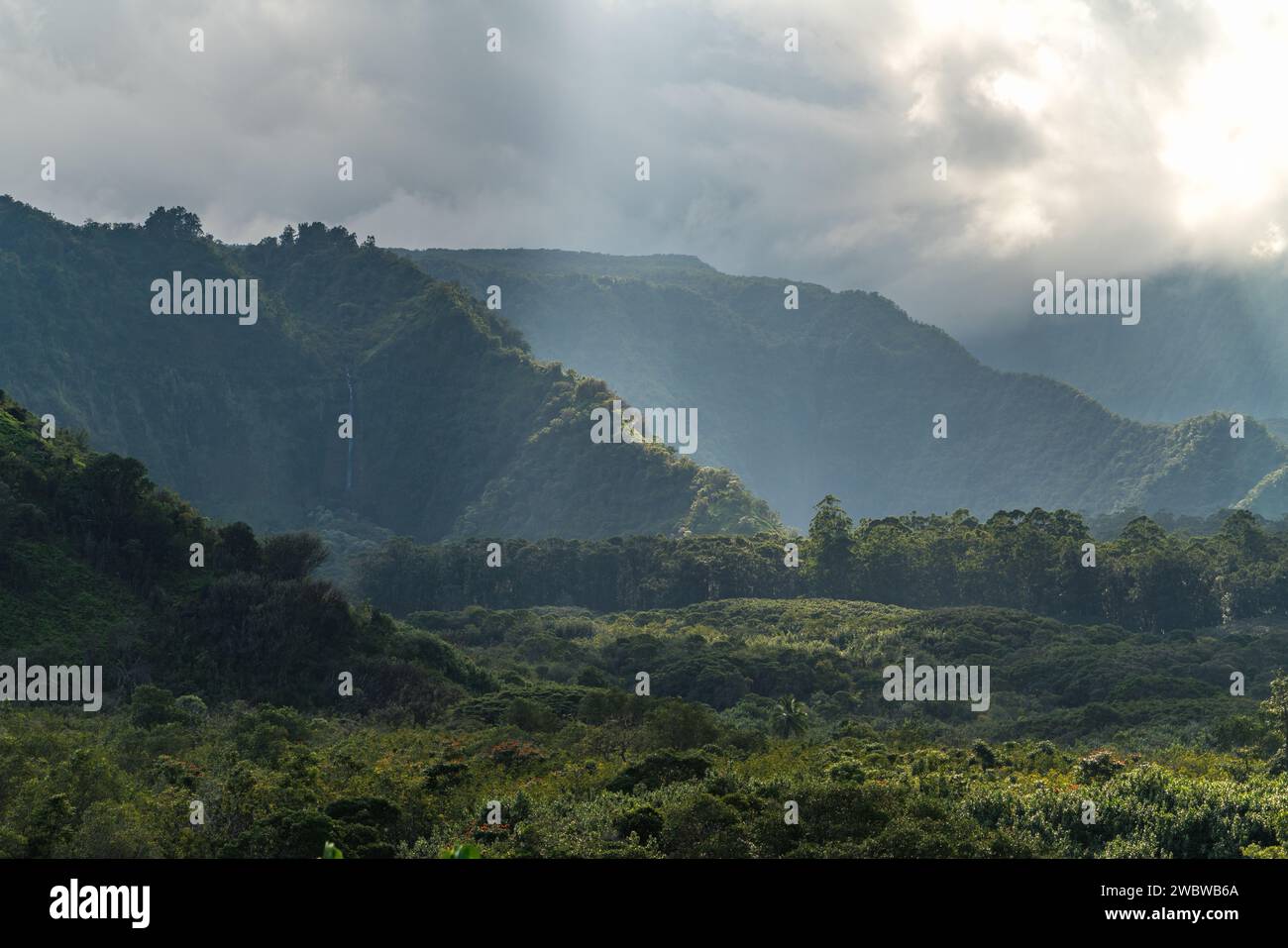Amidst Maui's grandeur, a secluded waterfall cascades down a sun-kissed ...