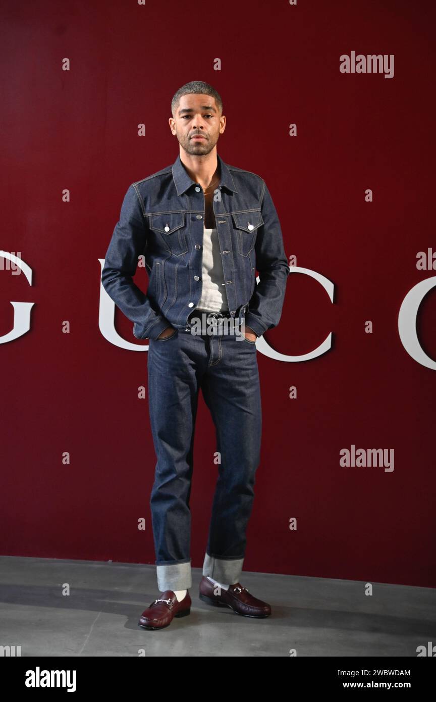 Milan, Italy. 12th Jan, 2024. Milan, Men's Fashion, Autumn Winter 2024-2025. Gucci arrivals ...