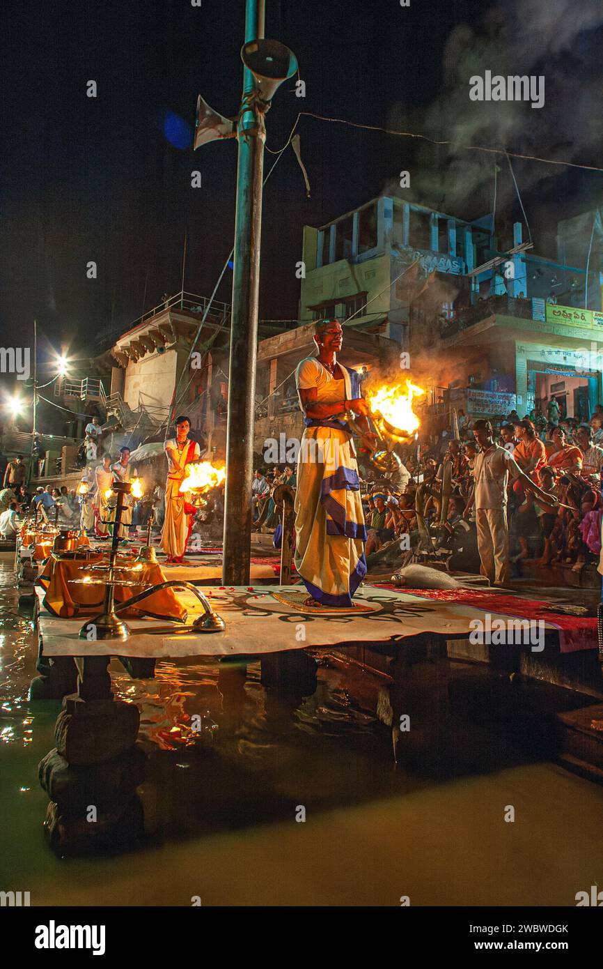 0 05 2005 Hindu priest performs the Ganga Aarti ritual in Varanasi ...