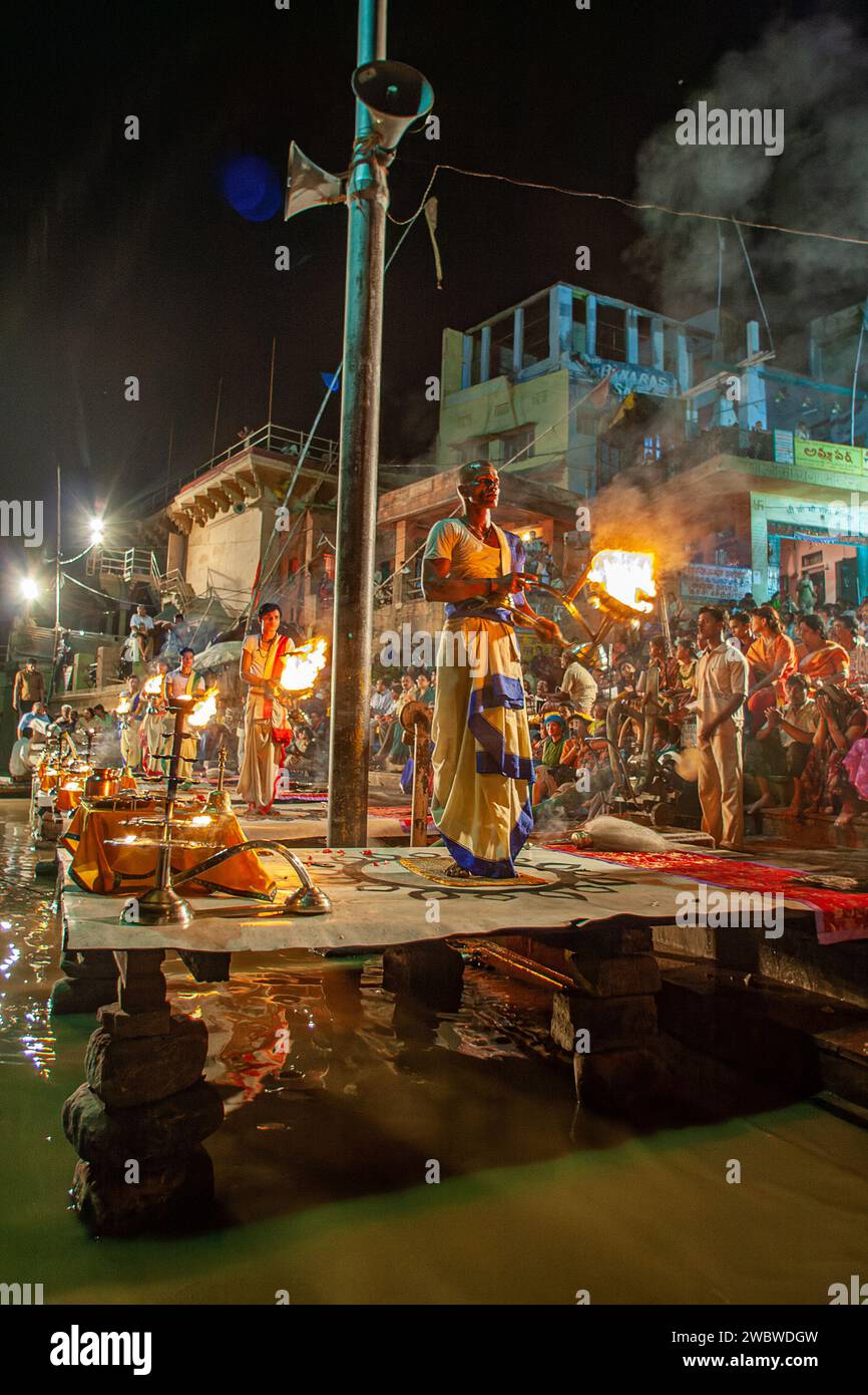 0 05 2005 Hindu priest performs the Ganga Aarti ritual in Varanasi ...
