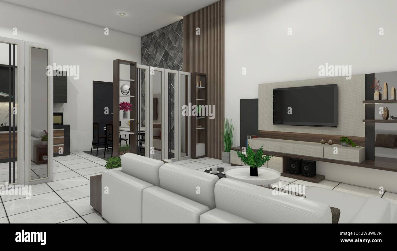 Modern Living Room Design with Wooden Divider Partition and Tv Cabinet ...
