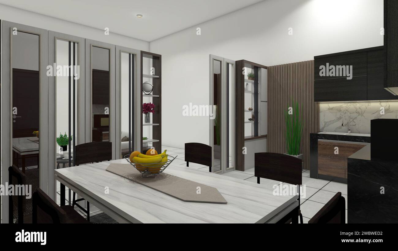 Industrial Dining Room Design with Kitchen Area and Divider Partition ...