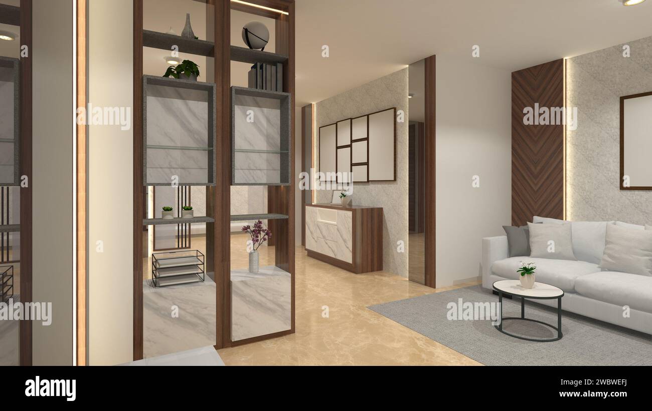 Modern Living Room Interior Design with Wooden Divider Partition ...