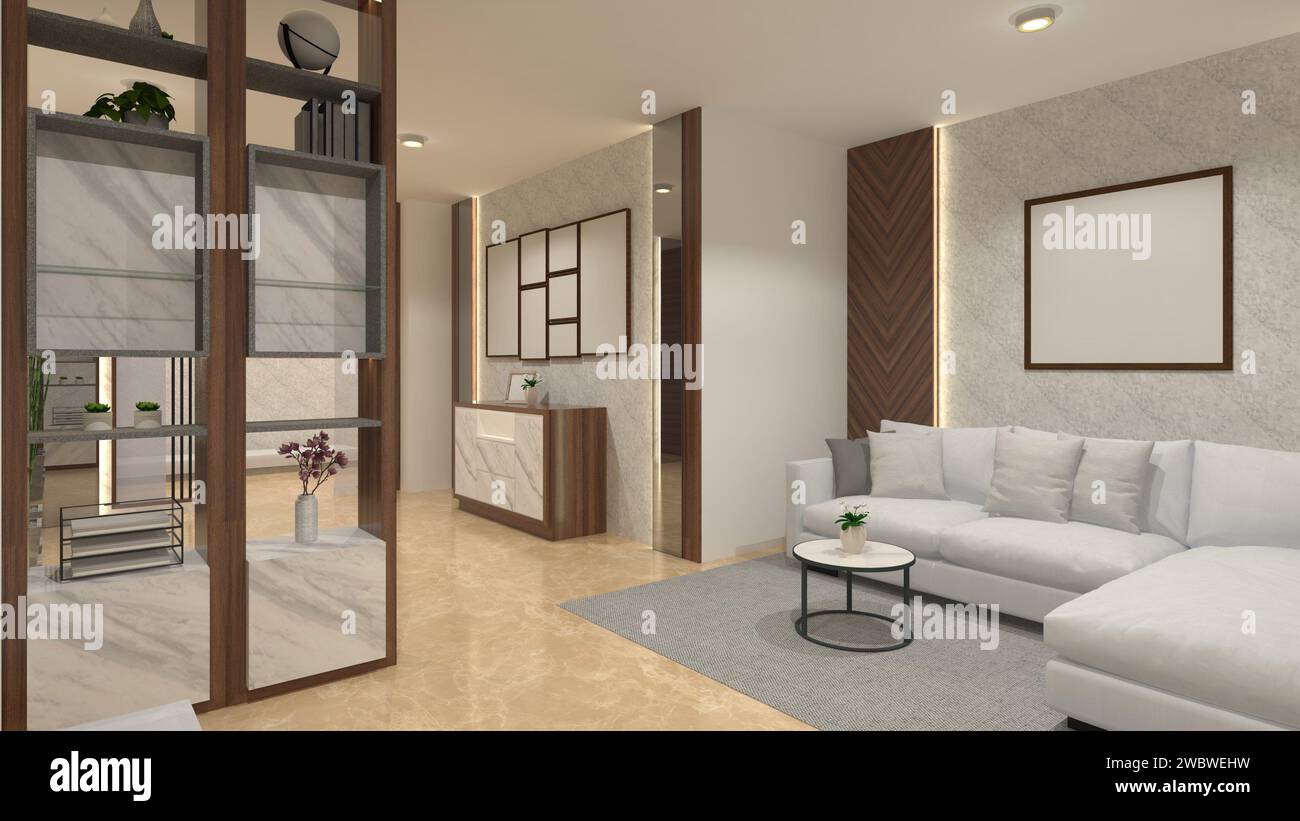 Modern Living Room Design With Comfortable Sofa and Divider Partition ...