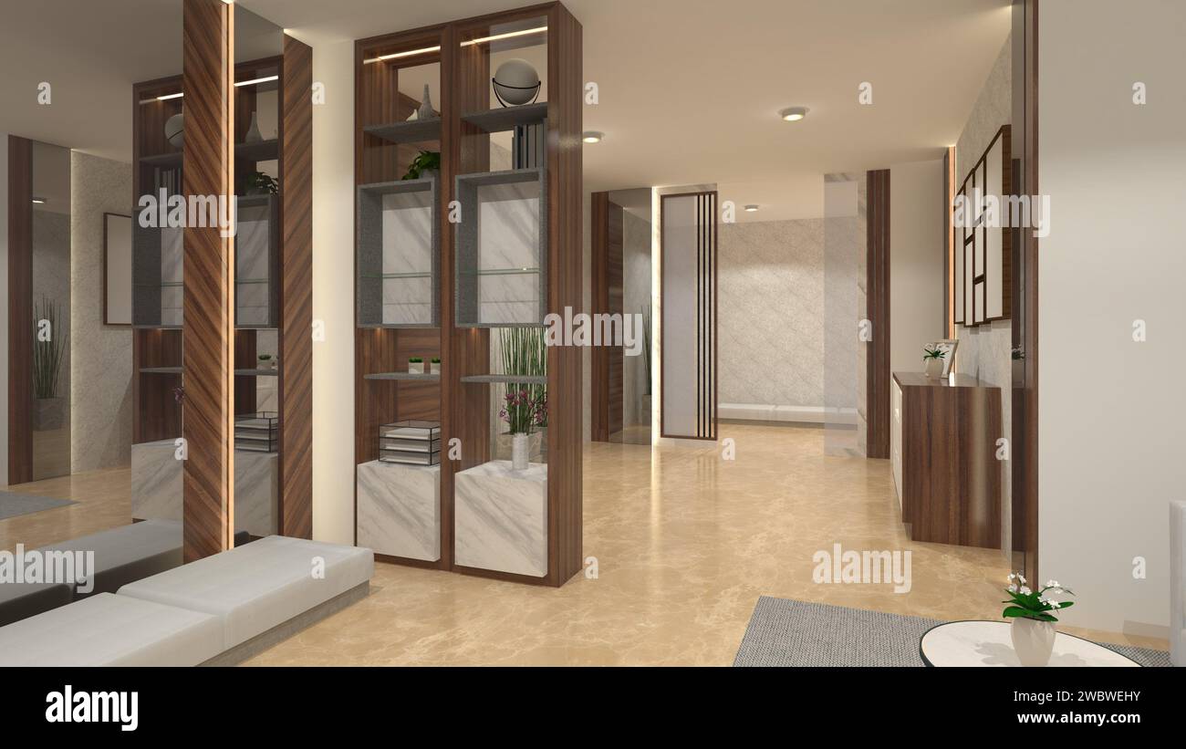Interior Corridor Design with Cushion Bench and Divider Partition Stock ...
