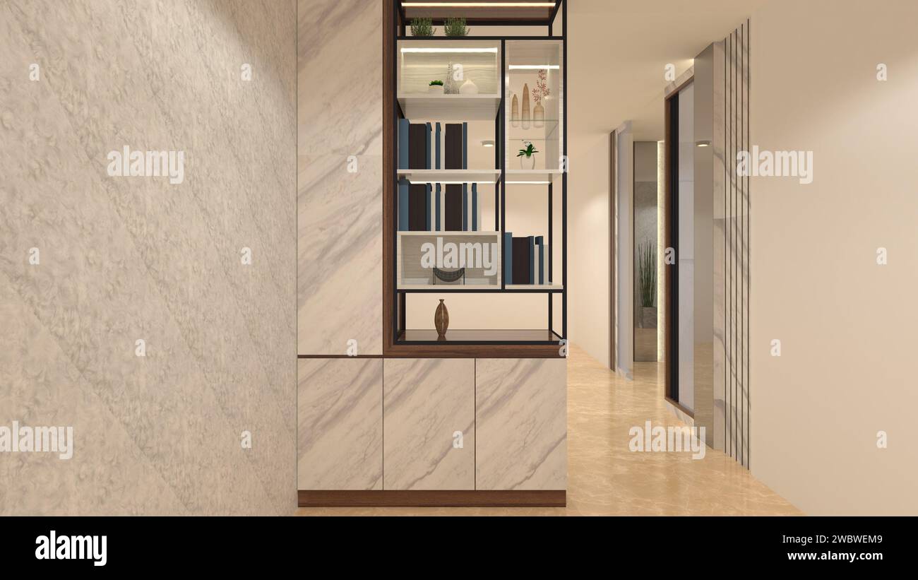 Interior Corridor Design with Modern Divider Cabinet Stock Photo - Alamy