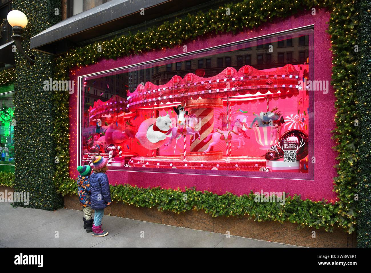 Christmas in New York City. Macy's Herald holiday showcase with candy ...