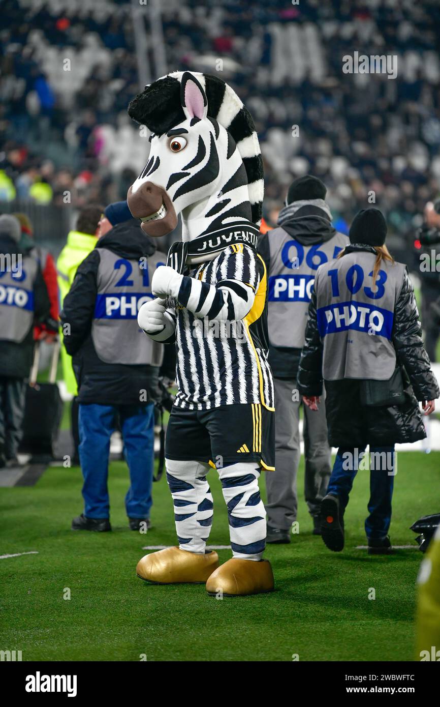 Turin, Italy. 11th Jan, 2024. Jay the Zebra is the official mascot of Juventus FC and here seen ...
