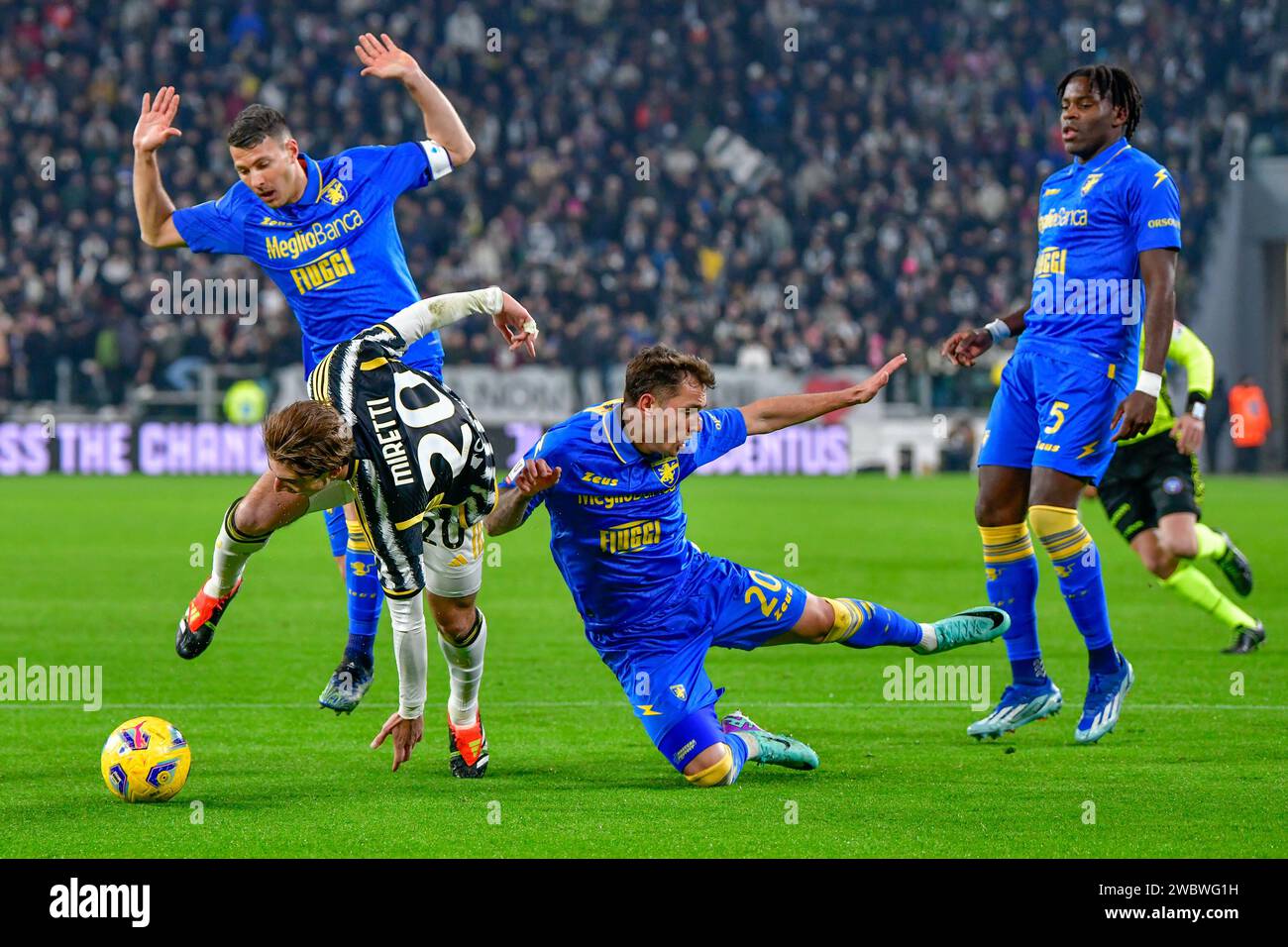 Turin, Italy. 11th Jan, 2024. Fabio Miretti (20) of Juventus and Pol Lirola (20) of Frosinone ...
