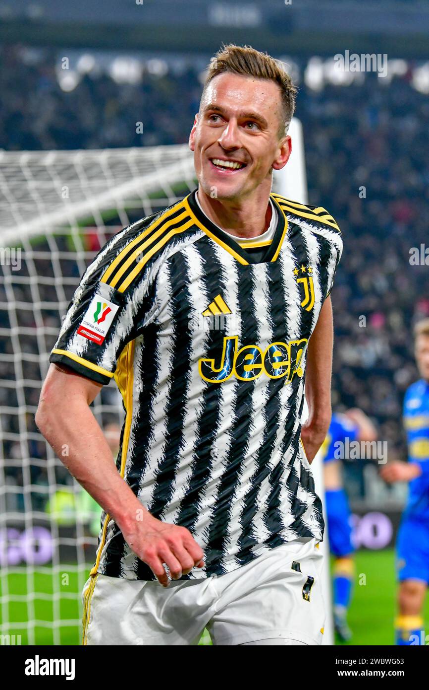 Turin, Italy. 11th Jan, 2024. Arkadiusz Milik (14) of Juventus scores ...