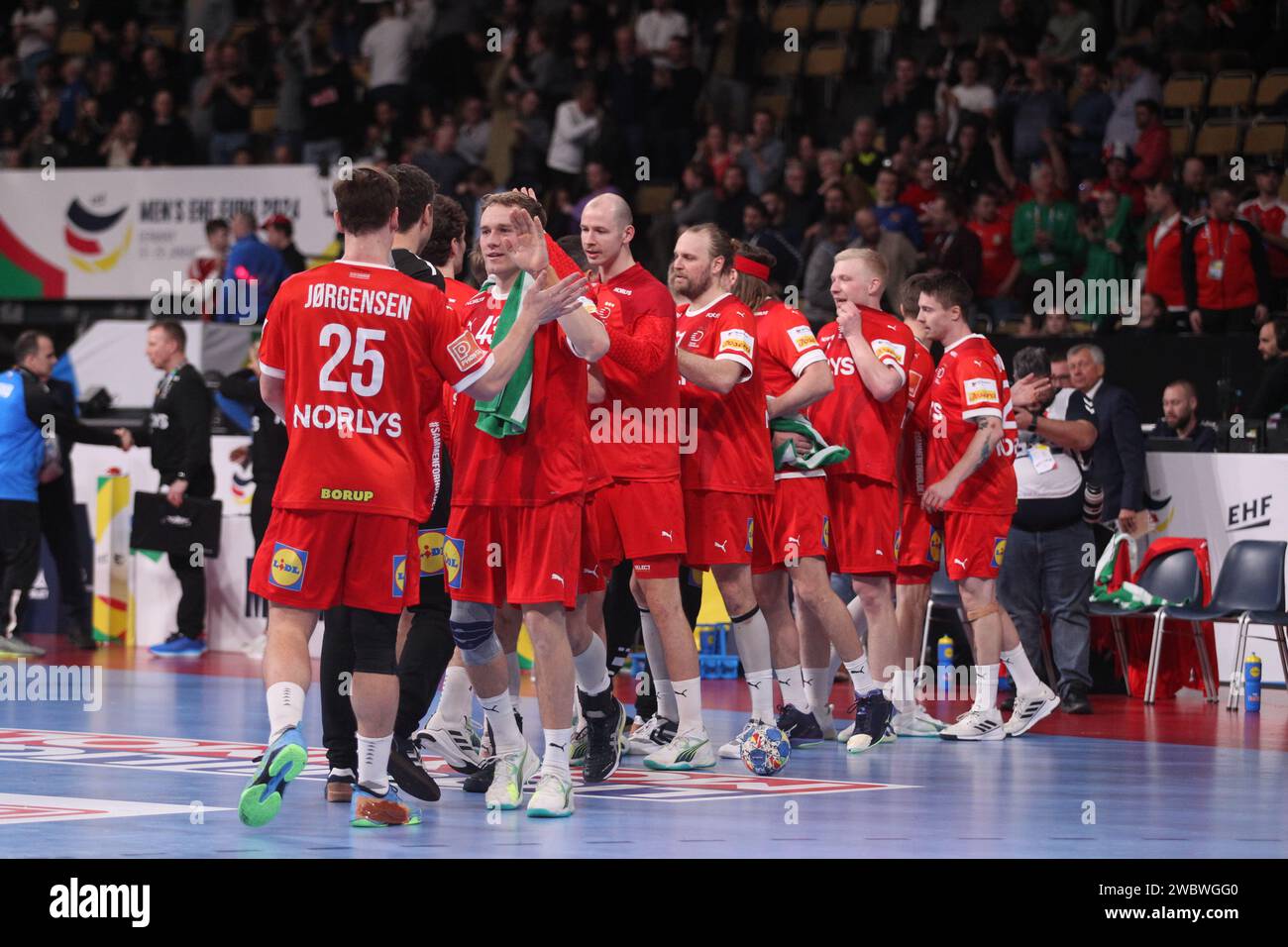 MUNICH, Germany. , . Danish players celebrate during the Men's European ...