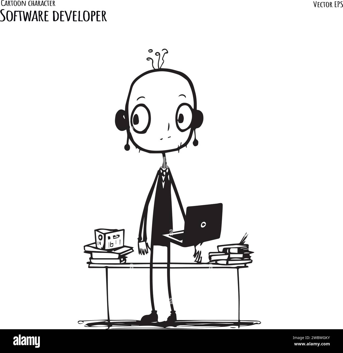 Programmer Working On Web Development On Laptop Computer Software Developers Hand Drawn Vector