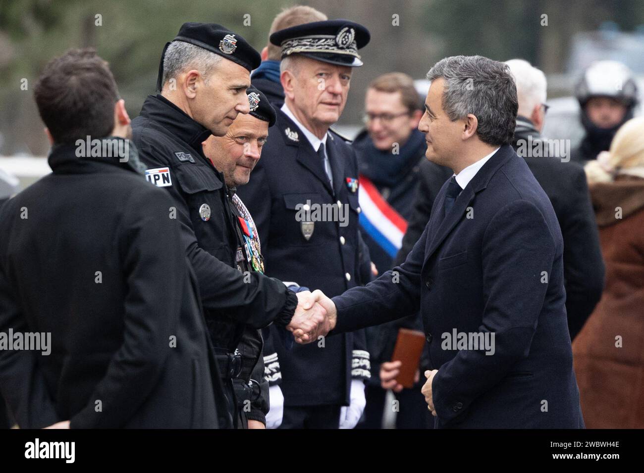 Bievres, France. 12th Jan, 2024. French Interior Minister Gerald Darmanin, Guillaume Cardy poses ...