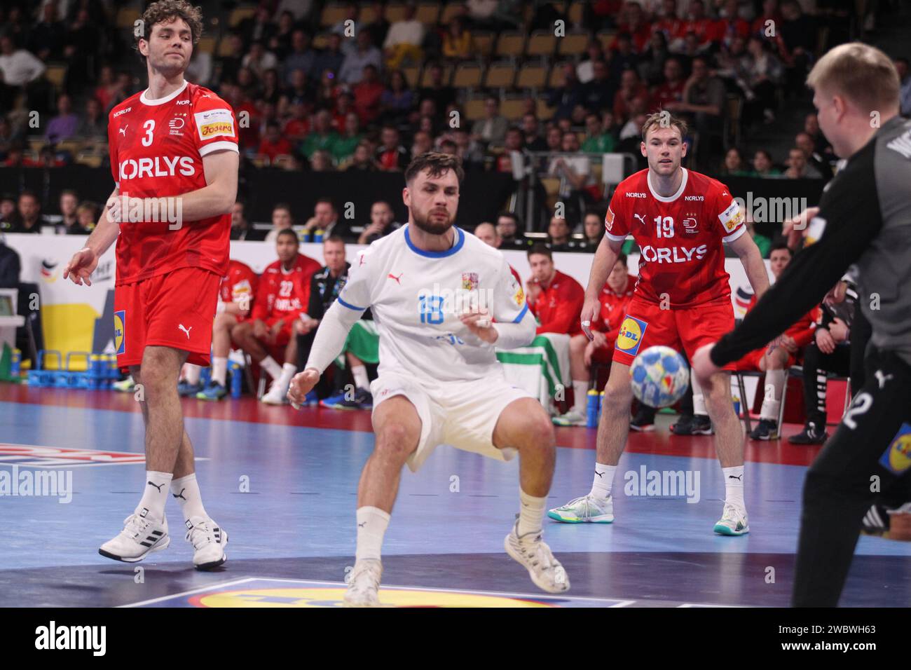 MUNICH, Germany. , . CZE player 18 REICHL Vit in action vs Keeper Emil ...