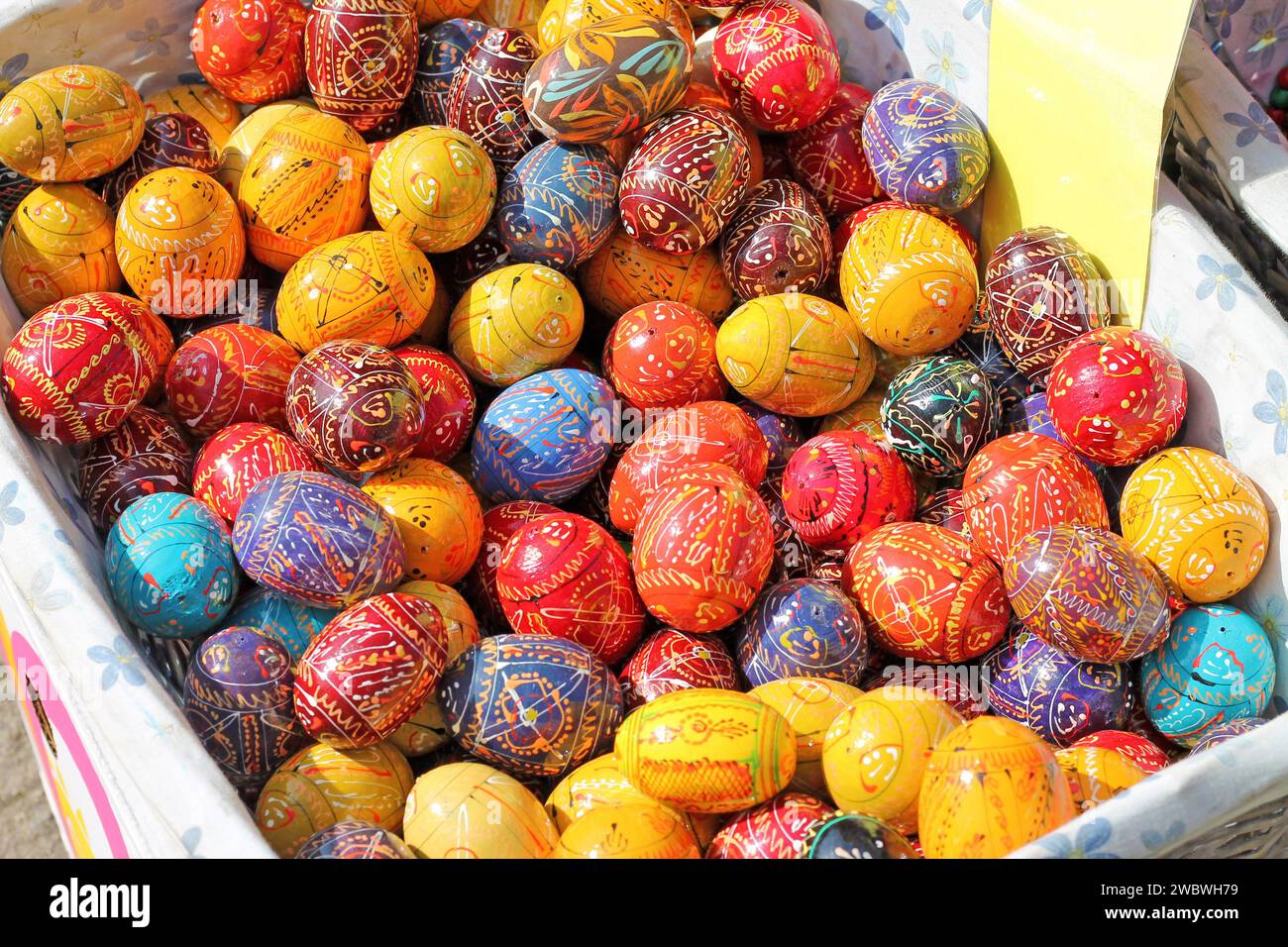 Traditional Czech easter eggs for sale at a market. Hand painted Easter ...