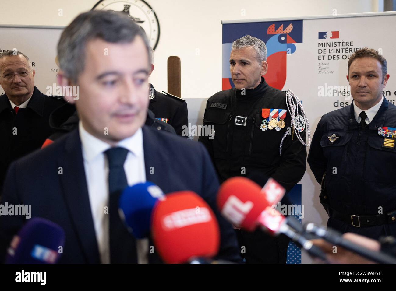 Bievres, France. 12th Jan, 2024. French Interior Minister Gerald Darmanin, listen to French ...